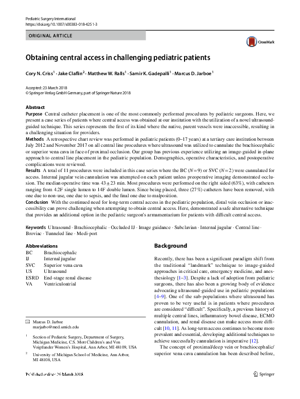 (PDF) Obtaining central access in challenging pediatric patients