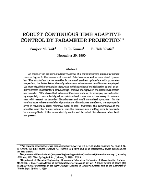 Pdf Robust Continuous Time Adaptive Control By Parameter Projection 6724