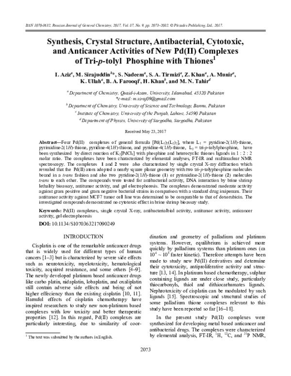 (PDF) Synthesis, crystal structure, antibacterial, cytotoxic, and anticancer activities of new ...