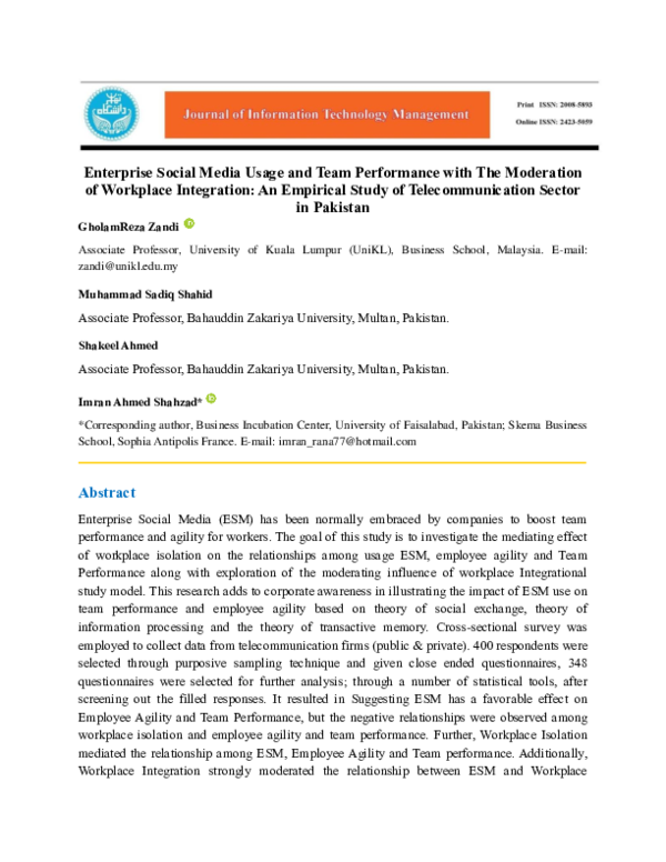 (PDF) Enterprise Social Media Usage and Team Performance with The ...