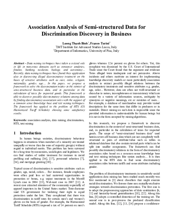 (PDF) Association Analysis of Semi-structured Data for Discrimination Discovery in Business
