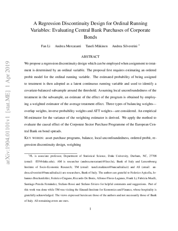 (PDF) A regression discontinuity design for ordinal running variables: Evaluating central bank ...