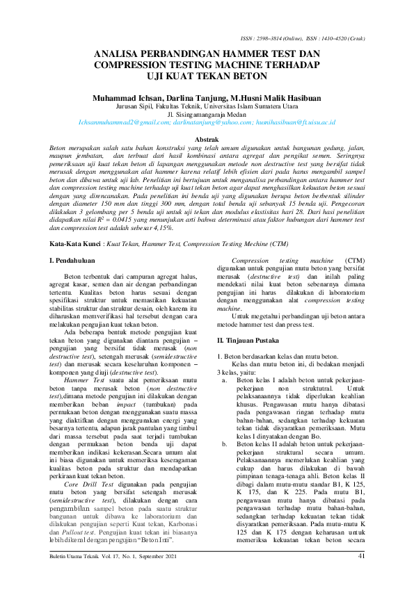 (PDF) Analisa Perbandingan Hammer Test Dan Compression Testing Machine ...