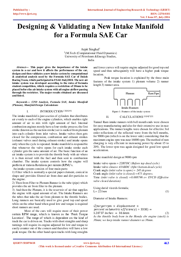 (PDF) Designing Validating a New Intake Manifold for a Formula SAE Car