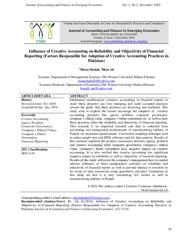 (PDF) Influence of Creative Accounting on Reliability and Objectivity ...