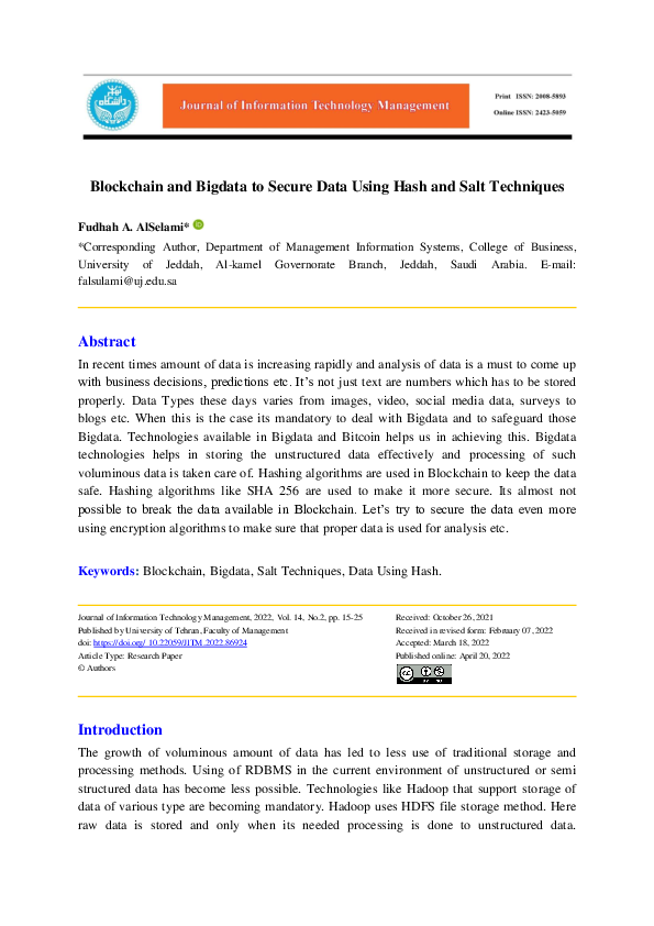 (PDF) Blockchain and Bigdata to Secure Data Using Hash and Salt Techniques