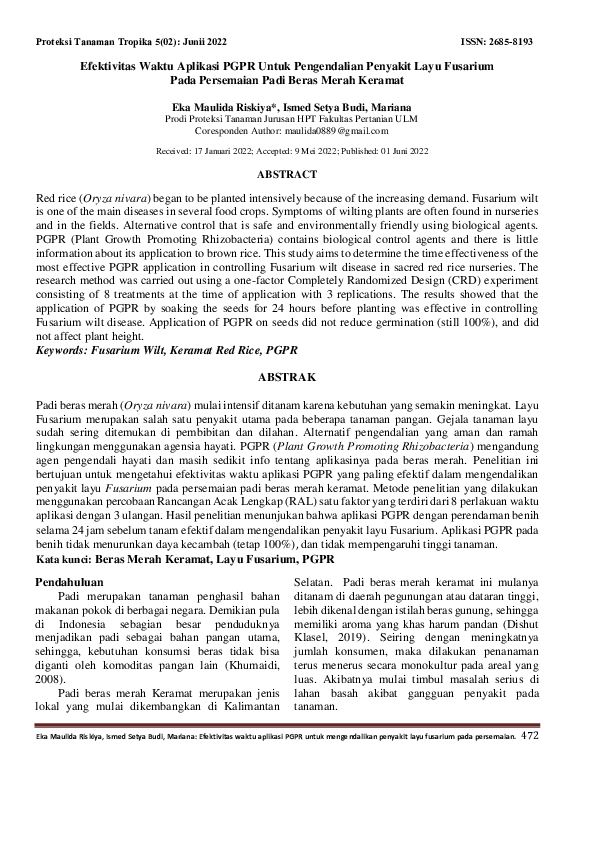 (PDF) Efektivitas Waktu Aplikasi PGPR Untuk Pengendalian Penyakit Layu Fusarium Pada Persemaian ...