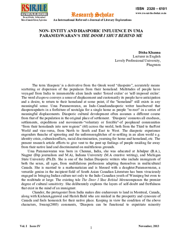 (PDF) Non-Entity and Diasporic Influence in Uma Parameswaran's the Door ...