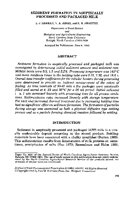 (PDF) Sediment Formation in Aseptically Processed and Packaged Milk