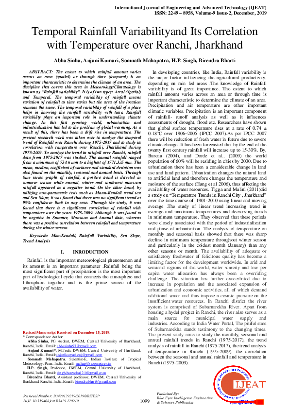 (PDF) Rainfall Variability and Temperature Correlation in Ranchi