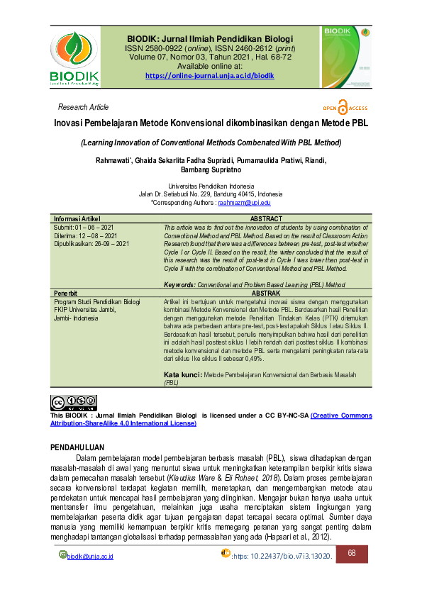 (PDF) Inovasi Pembelajaran Metode Konvensional dikombinasikan dengan Metode PBL