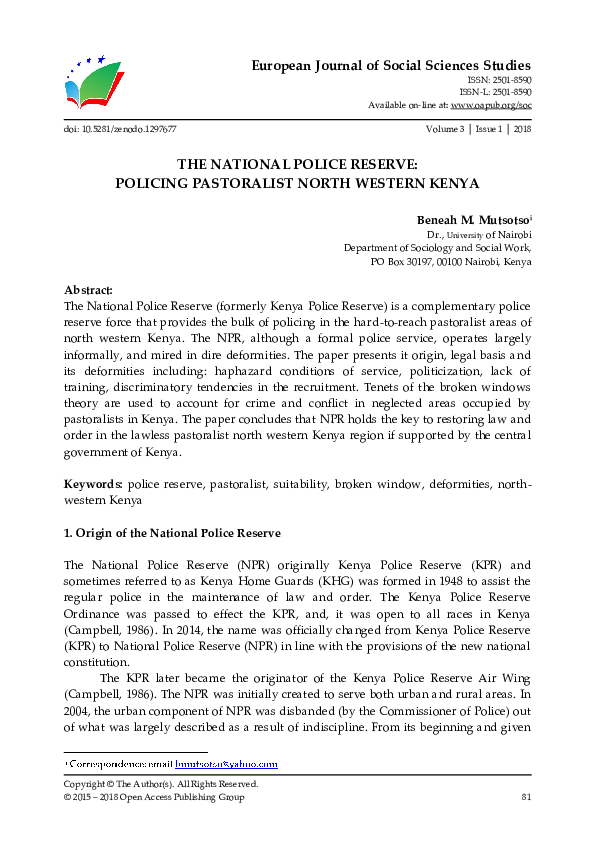 (PDF) The National Police Reserve: Policing Pastoralist North Western Kenya