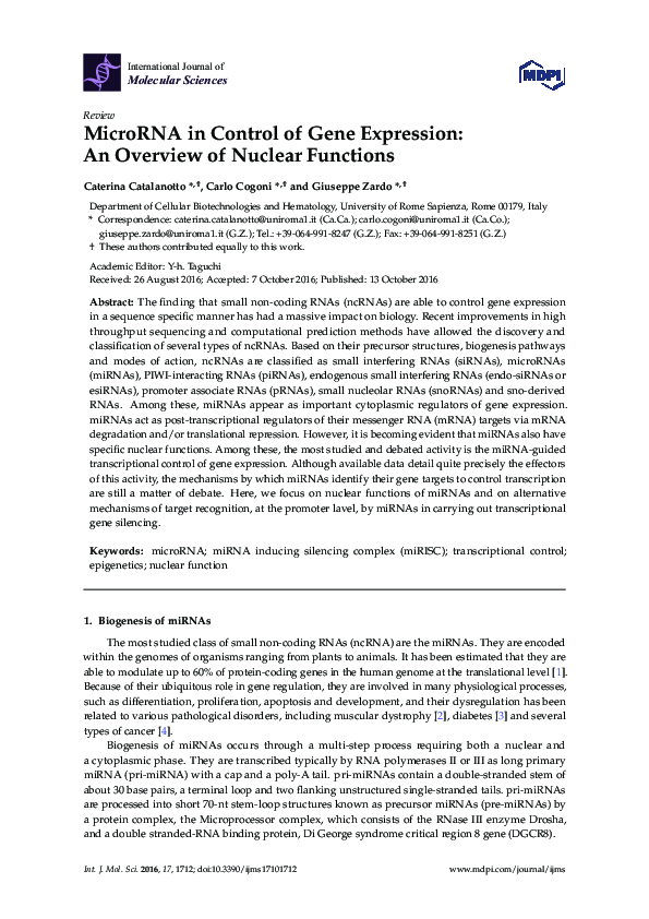 (PDF) MicroRNA in Control of Gene Expression: An Overview of Nuclear ...