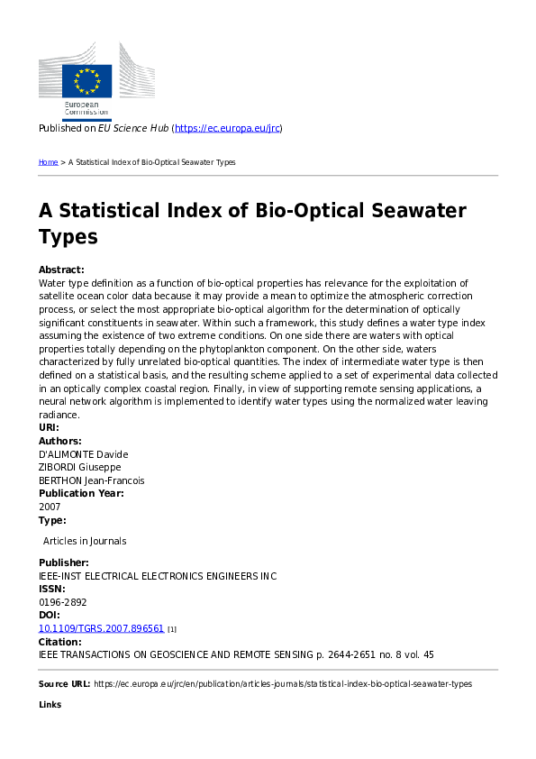 (PDF) A Statistical Index of Bio-Optical Seawater Types