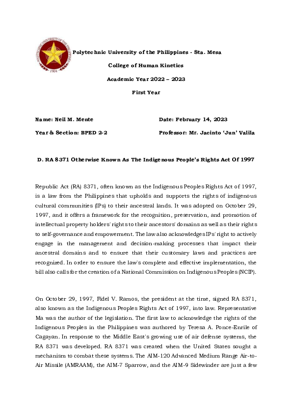(PDF) D. RA 8371 Otherwise Known As The Indigenous People’s Rights Act ...
