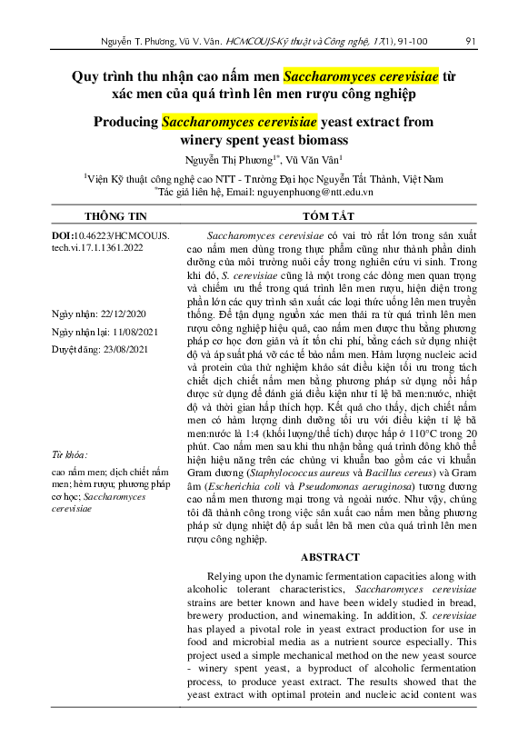 (PDF) Quy trình thu nhận cao nấm men Saccharomyces cerevisiae từ xác men của quá trình lên men ...