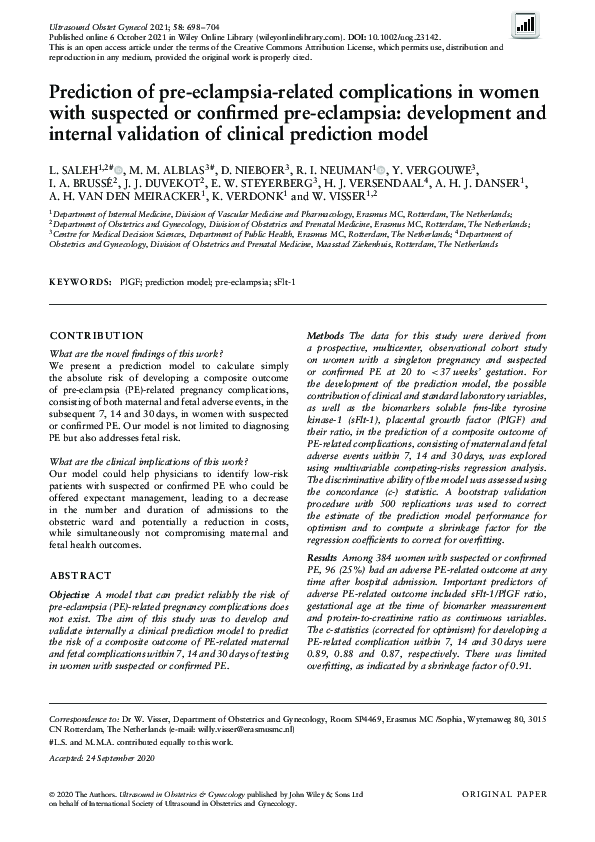(PDF) Prediction of pre‐eclampsia‐related complications in women with suspected or confirmed pre ...