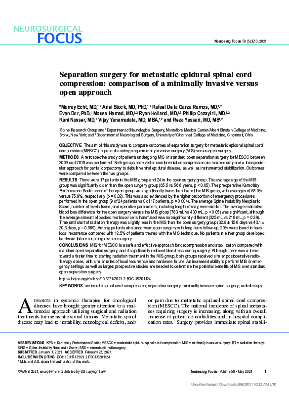 Separation surgery for metastatic epidural spinal cord compression ...