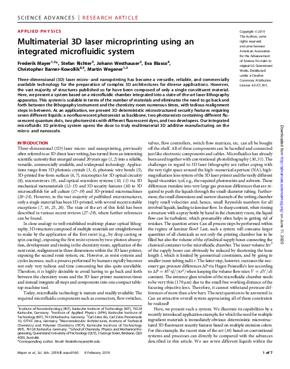 Pdf Multimaterial 3d Laser Microprinting Using An Integrated Microfluidic System Johann