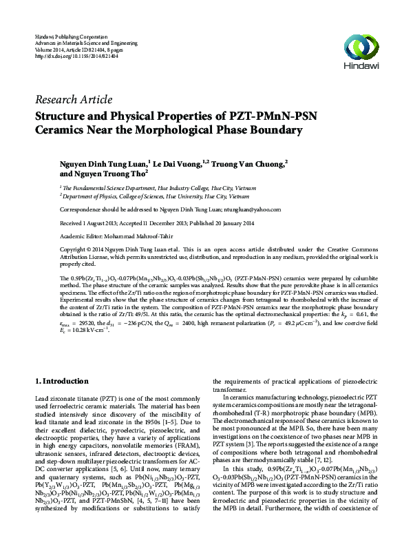 (PDF) Structure and Physical Properties of PZT-PMnN-PSN Ceramics Near ...