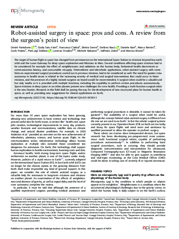 (PDF) Robot-assisted surgery in space: pros and cons. A review from the ...