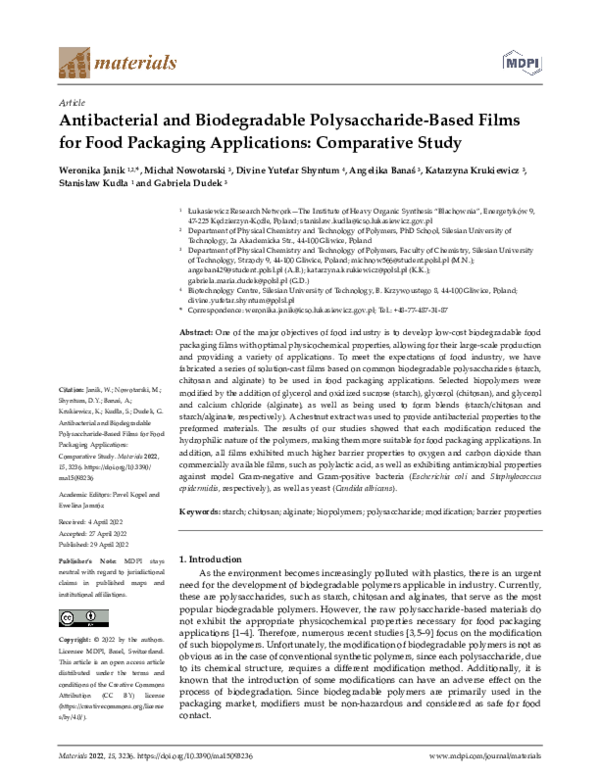 (PDF) Antibacterial and Biodegradable Polysaccharide-Based Films for Food Packaging Applications ...