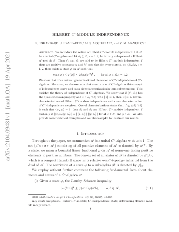 (PDF) Hilbert $C^*$-module independence