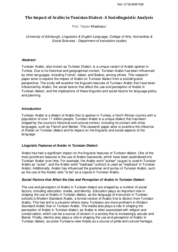 (PDF) The Impact of Arabic in Tunisian Dialect: A Sociolinguistic Analysis