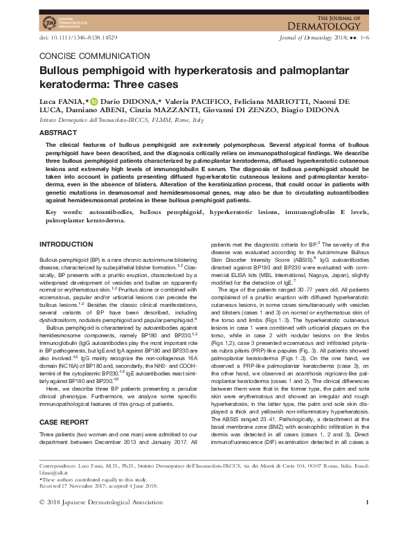 (PDF) Bullous pemphigoid with hyperkeratosis and palmoplantar ...