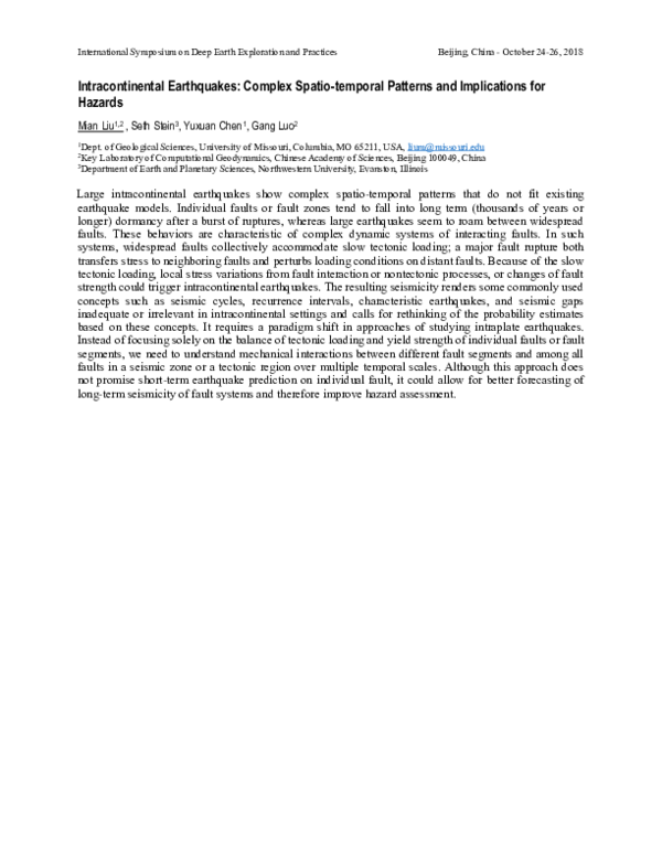 (PDF) Intracontinental Earthquakes: Complex Spatio‐temporal Patterns and Implications for ...
