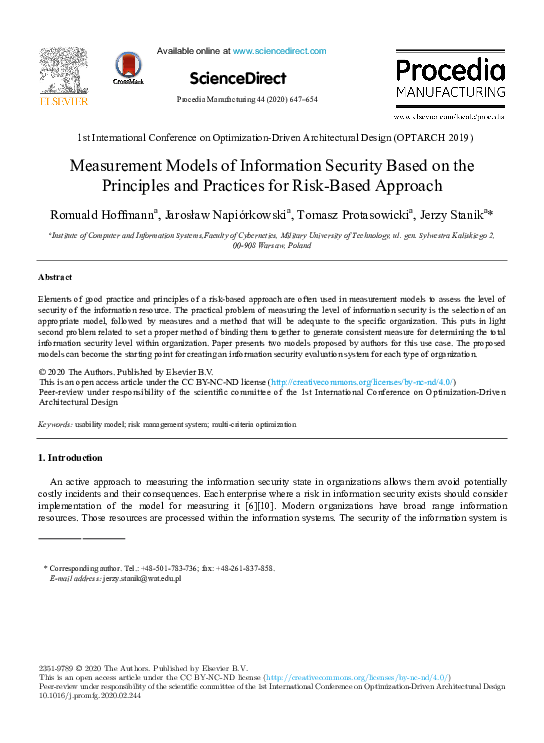 (PDF) Measurement Models of Information Security Based on the Principles and Practices for Risk ...