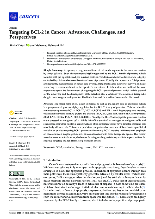 (PDF) Targeting BCL-2 in Cancer: Advances, Challenges, and Perspectives | Mohamed Rahmani ...