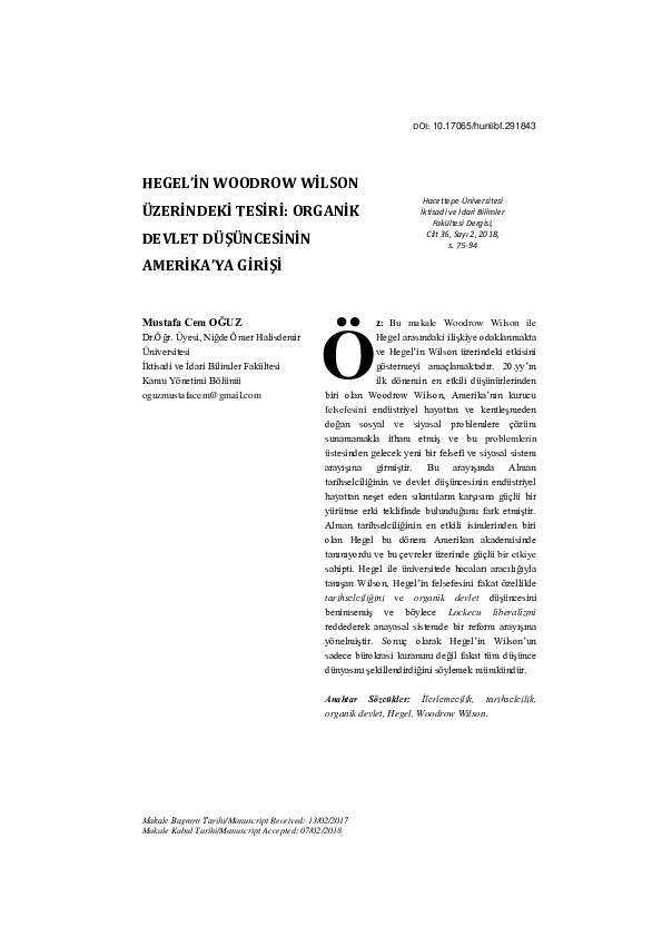 (PDF) Hegel’İn Woodrow Wilson Üzeri̇ndeki̇ Tesi̇ri̇: Organi̇k Devlet ...