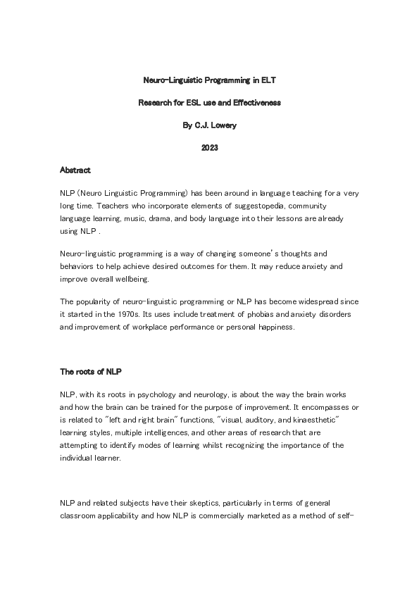 Doc Neuro Linguistic Programming In Elt Research For Esl Use And Effectiveness