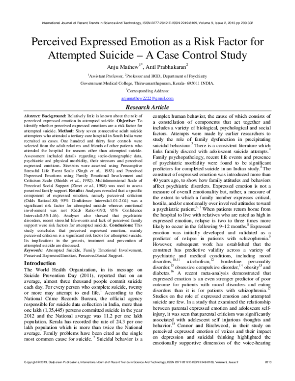 (PDF) Perceived Expressed Emotion as a Risk Factor for Attempted ...