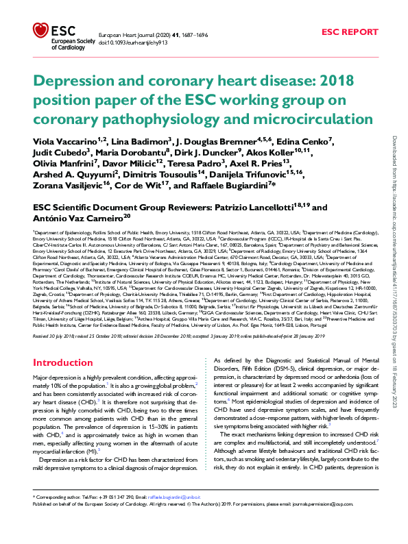 (PDF) Depression and coronary heart disease: 2018 position paper of the ...