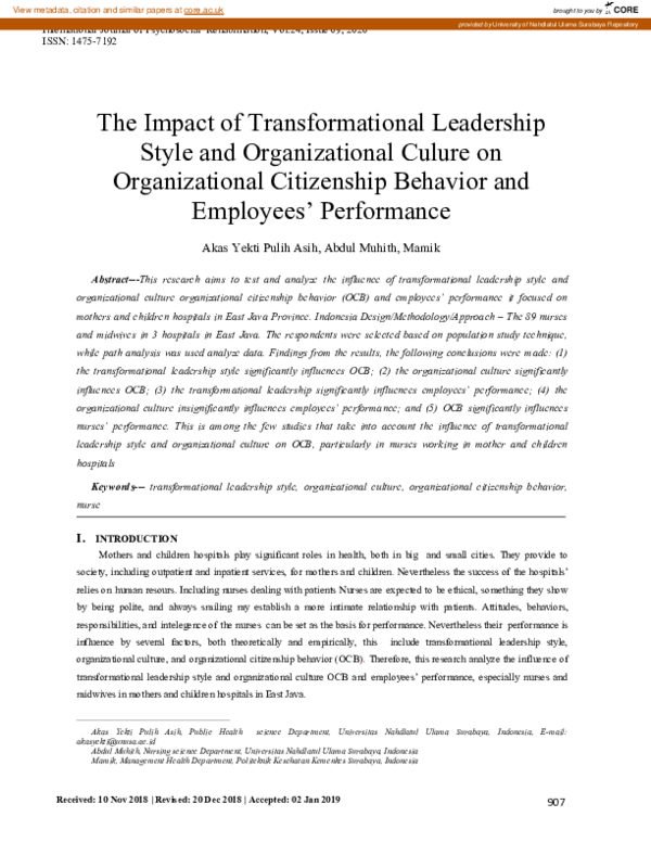 (PDF) The Impact of Transformational Leadership Style and Organizational Culure on ...