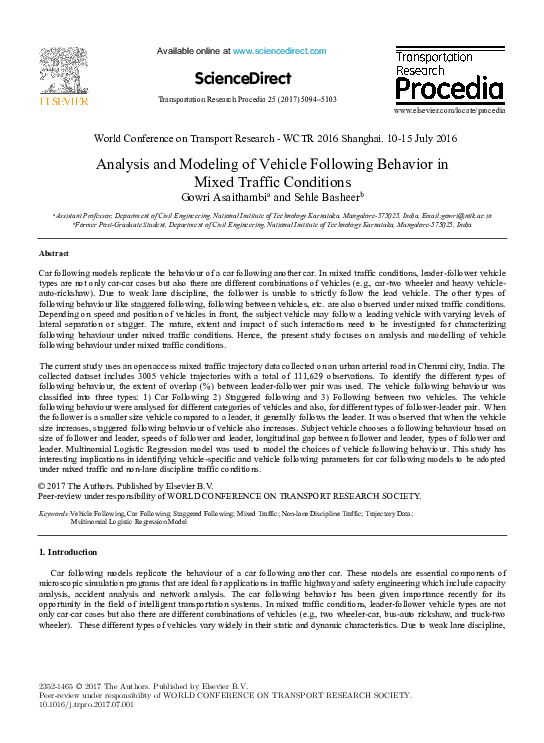 (PDF) Analysis and Modeling of Vehicle Following Behavior in Mixed ...