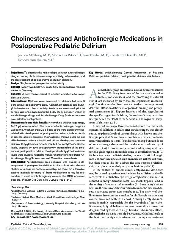 (PDF) Cholinesterases and Anticholinergic Medications in Postoperative ...
