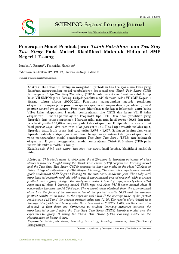 (PDF) Penerapan Model Pembelajaran Think Pair Share dan Two Stay Two Stray Pada Materi ...