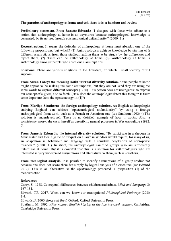 (PDF) The paradox of anthropology at home and solutions to it: a ...
