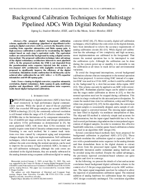 (PDF) Background calibration techniques for multistage pipelined ADCs with digital redundancy