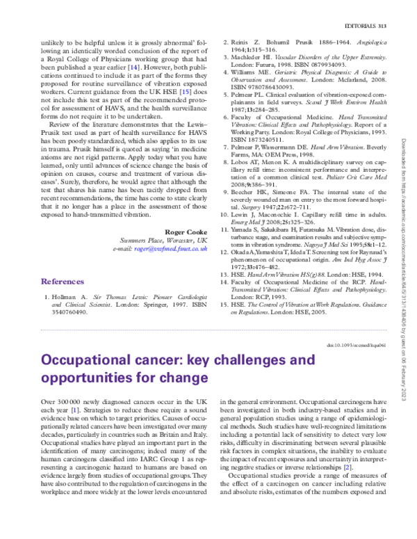 (PDF) Occupational cancer: key challenges and opportunities for change