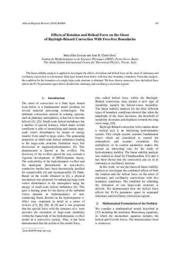 (PDF) Effects of Rotation and Helical Force on the Onset of Rayleigh-Benard Convection with Free ...