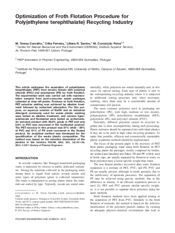 (PDF) Optimization of froth flotation procedure for poly(ethylene terephthalate) recycling industry