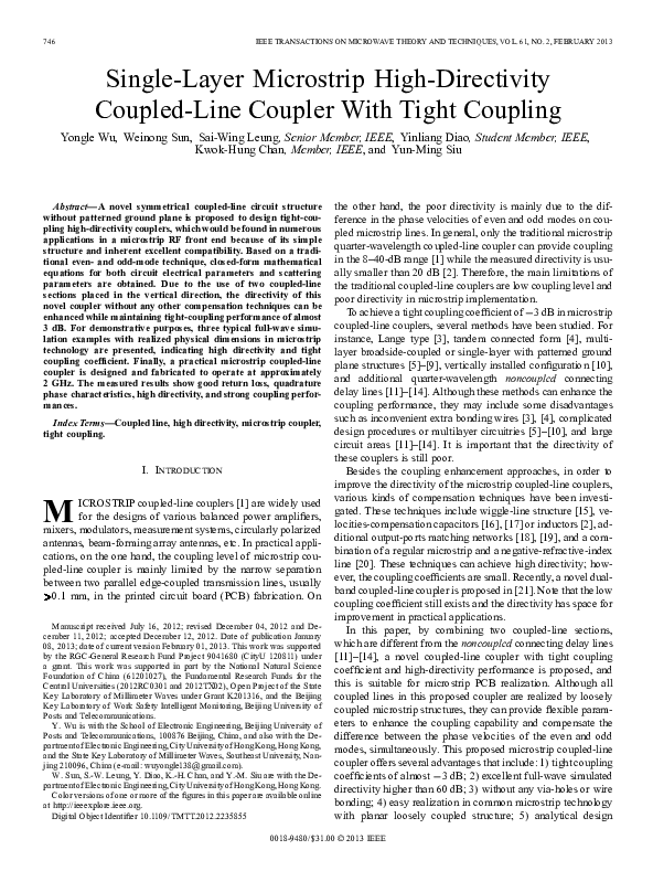 Pdf Single Layer Microstrip High Directivity Coupled Line Coupler With Tight Coupling