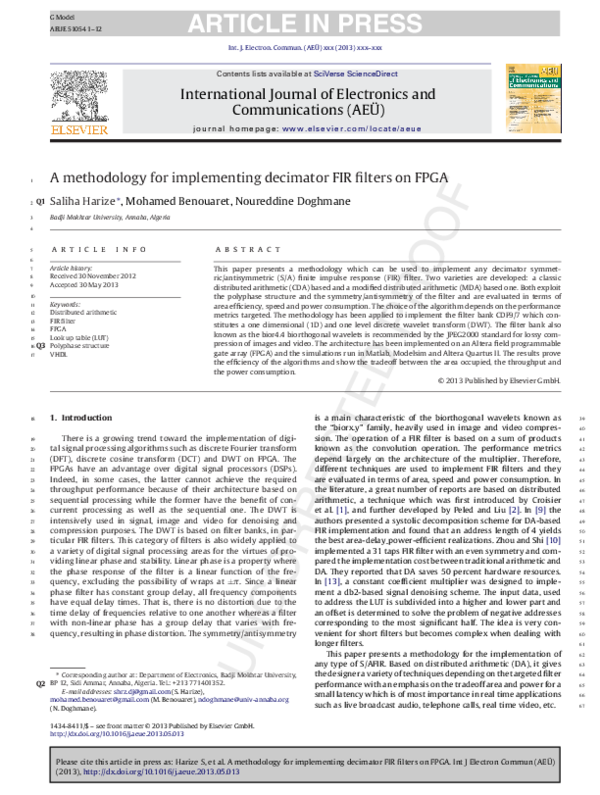 Pdf A Methodology For Implementing Decimator Fir Filters On Fpga