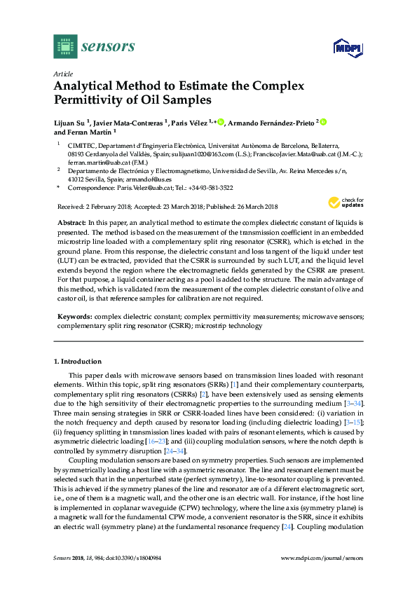 (PDF) Analytical Method to Estimate the Complex Permittivity of Oil Samples