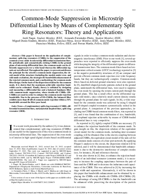 (PDF) Common-Mode Suppression in Microstrip Differential Lines by Means of Complementary Split ...