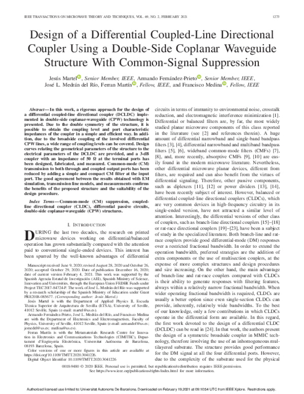 Pdf Design Of A Differential Coupled Line Directional Coupler Using A